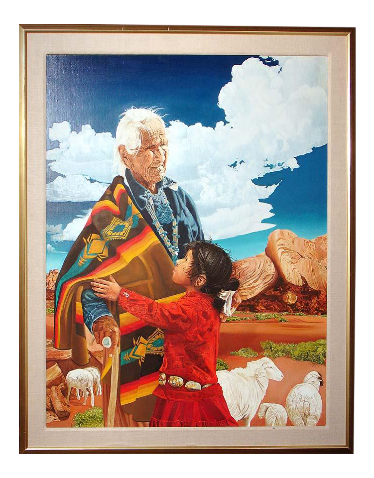 1980s Care Of The Elders Portrait Oil Painting Of A Native American