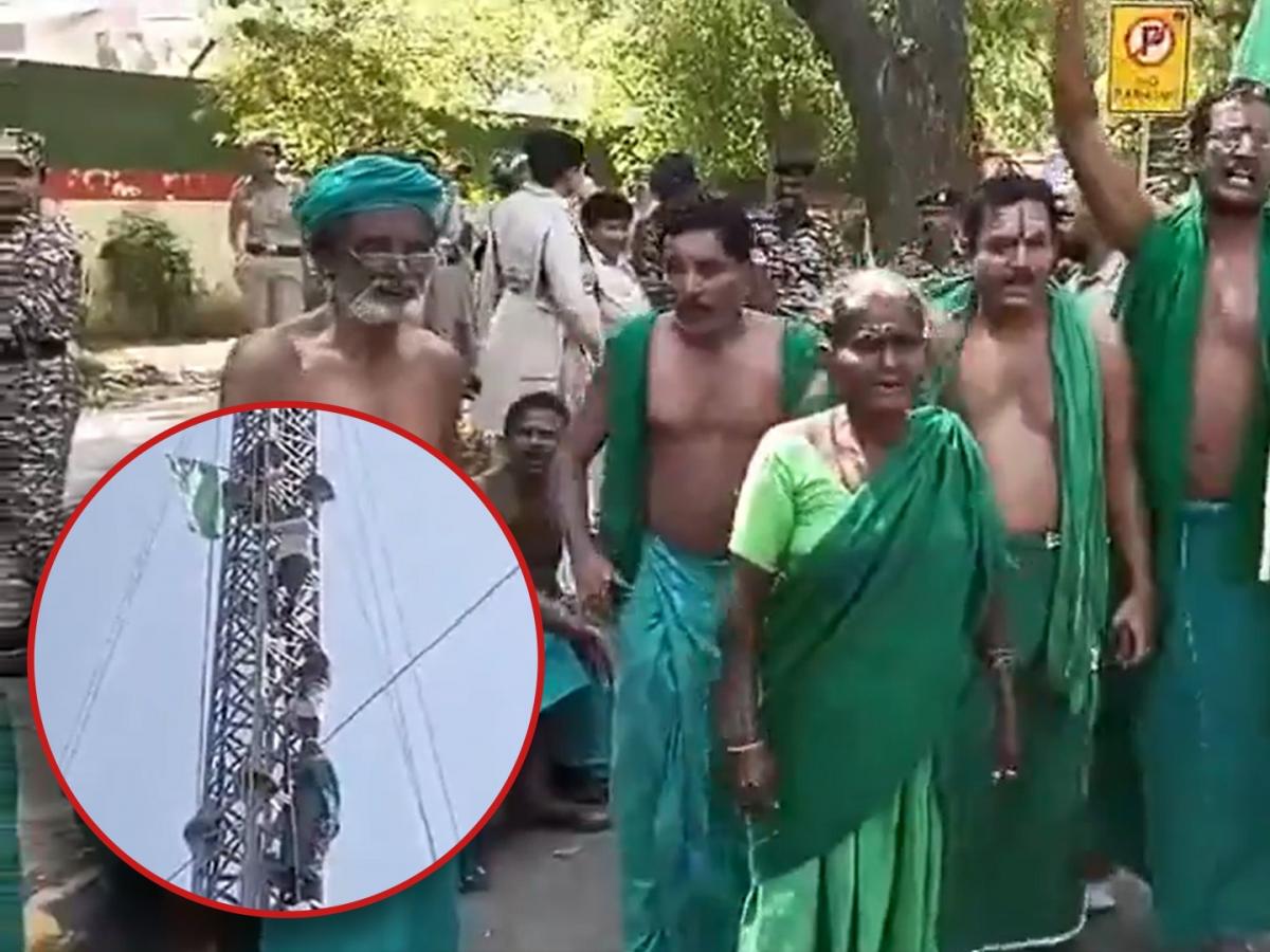 Delhi Tamil Nadu Farmers Climb Mobile Tower At Jantar Mantar Amid