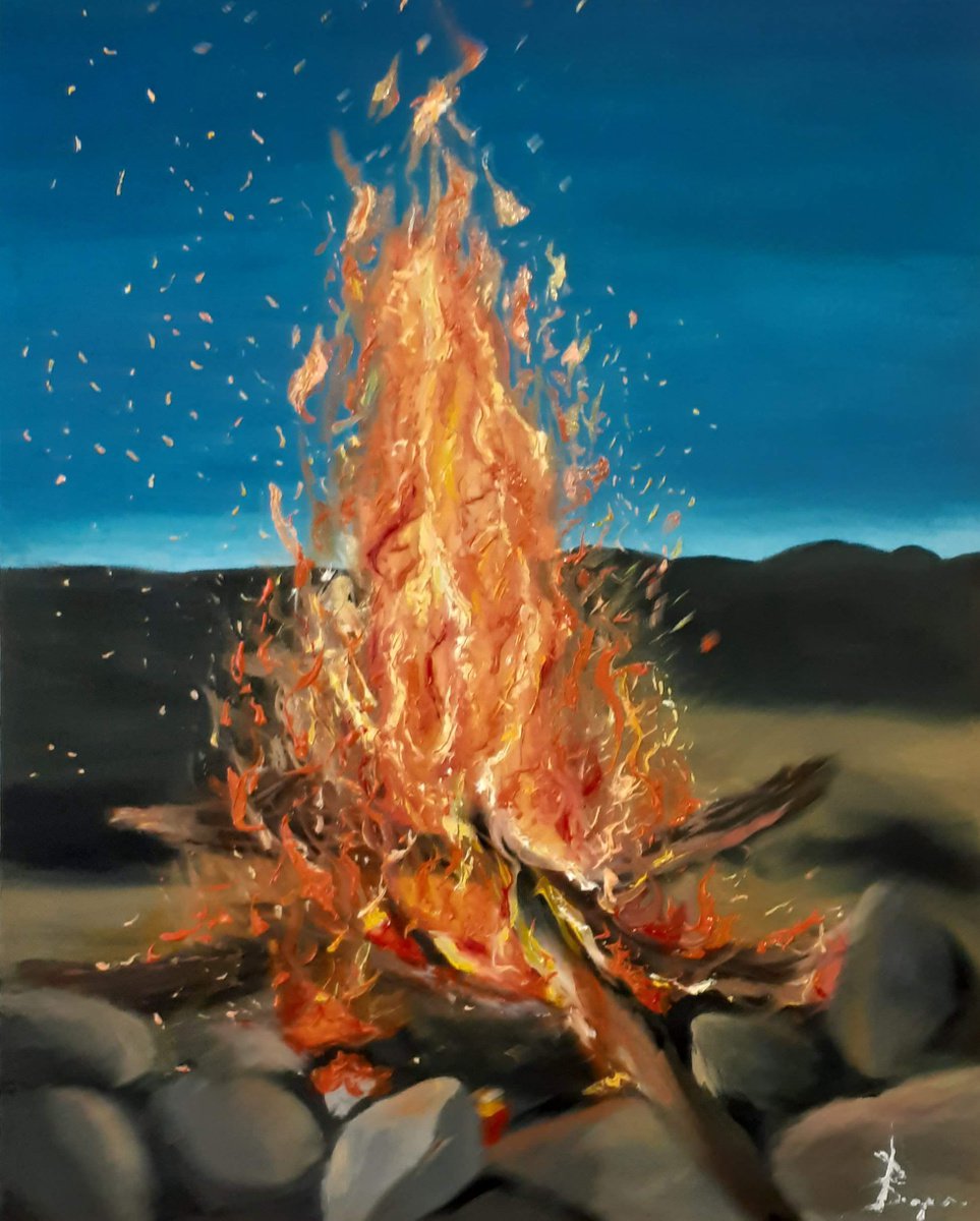 Fire Oil Painting Campfire Original Painting Camping Fire Landscape