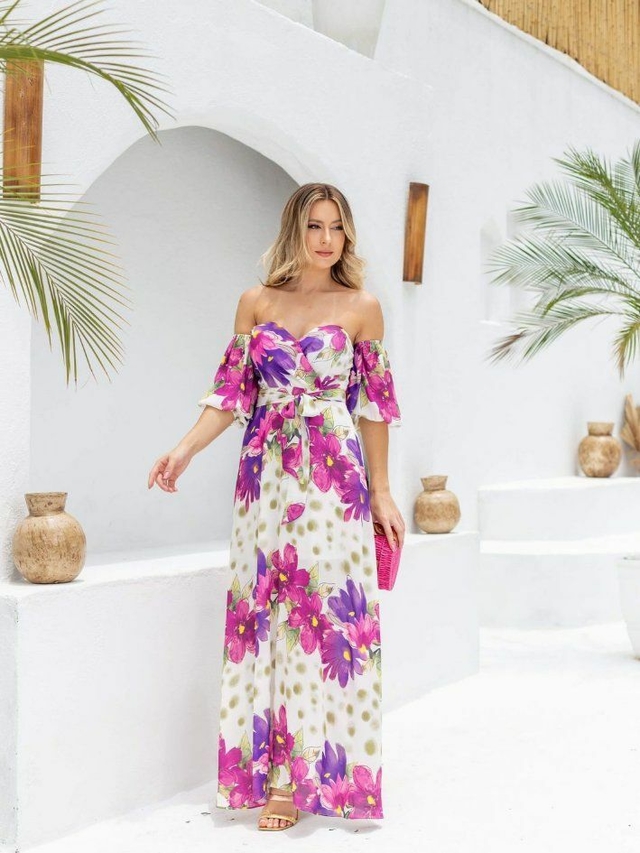 Vestido Longo Estampa Floral Mangas Removíveis