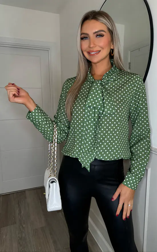 Olive Green Long Sleeve Polka Dot Tie Neck Blouse Silkfred Us