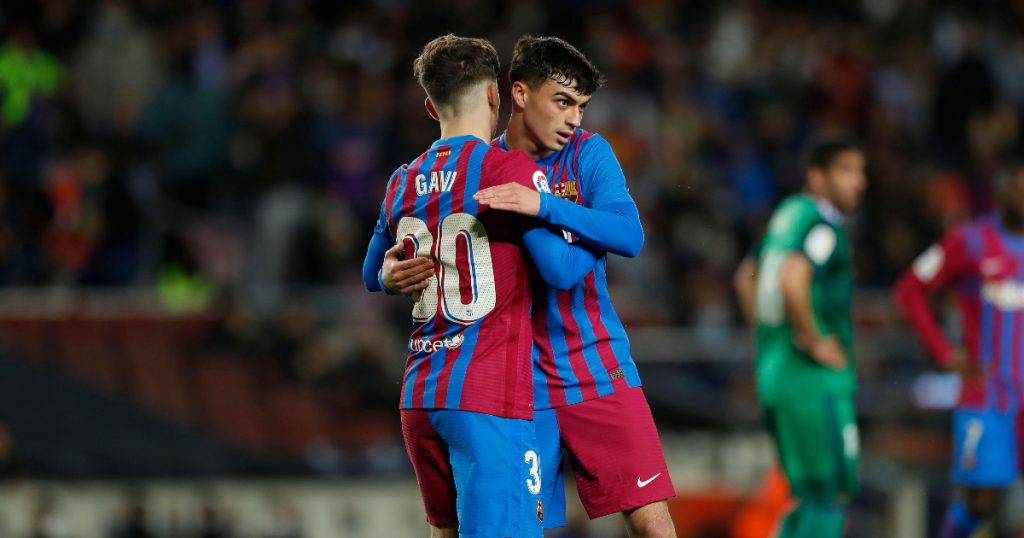 Pedri And Gavi Of Barcelona Celebrating A Goal Against Osasuna Camp