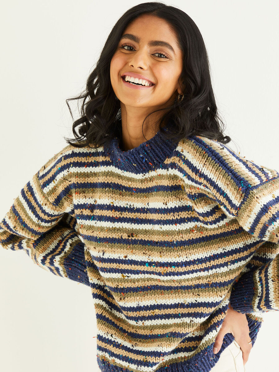 Striped Crew Neck Sweater In Hayfield Bonus Chunky Tweed Sirdar