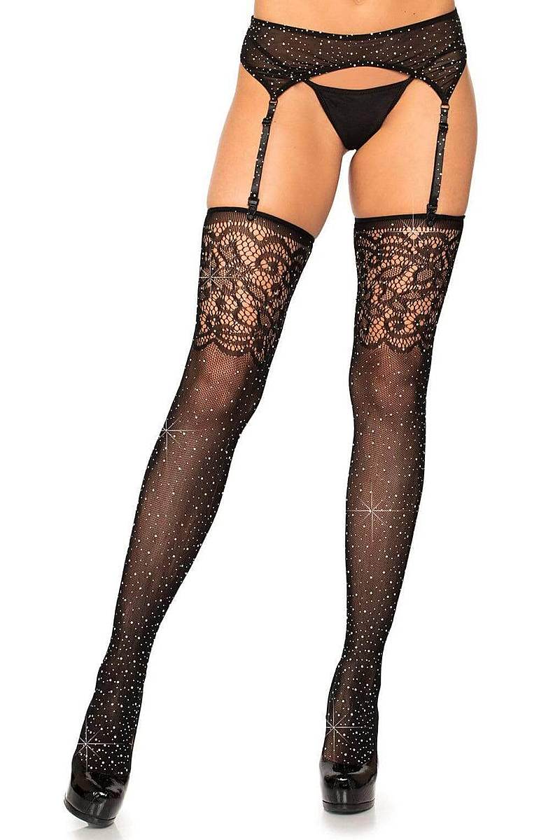 Rhinestone Lace Top Fishnet Stockings Foxy Lingerie