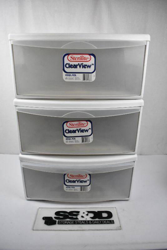 3 Sterilite Clearview Drawers 45 Qts Each
