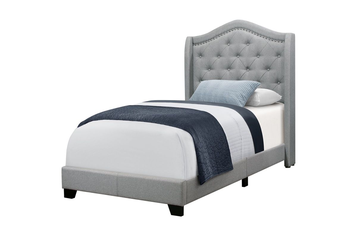 Grey Upholstered Bed With Nailhead