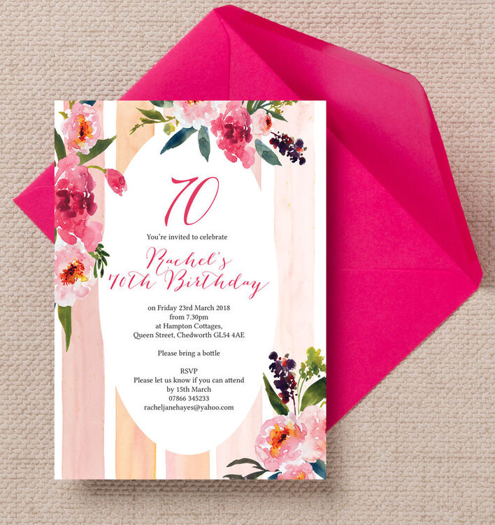 Painted Peonies Floral 70th Birthday Party Invitation From £090 Each