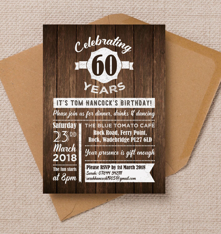 Rustic Wooden Background 60th Birthday Party Invitation From £090 Each