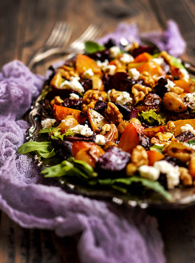 Roasted Beet Salad With Caramelized Garlic Walnuts And Goat Cheese