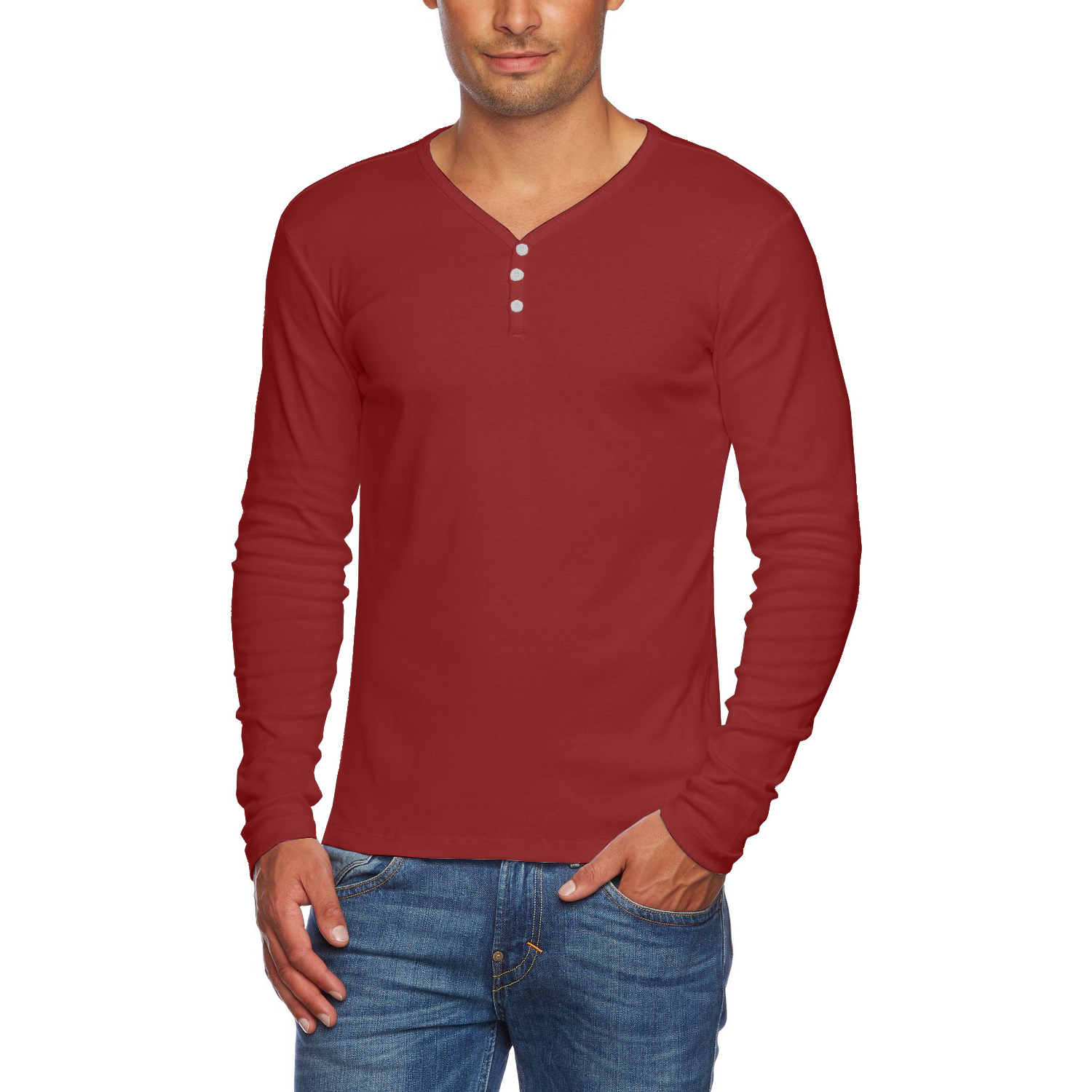 Alta Mens Slim Fit V Neck Long Sleeve Cotton T Shirt With 3 Button Up