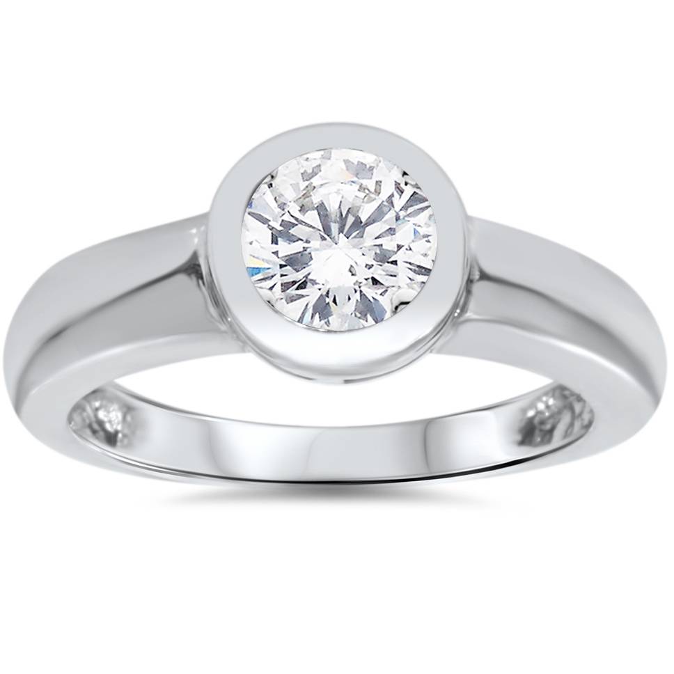 1ct Bezel Set Solitaire Diamond Engagement Ring 14k White Gold Round