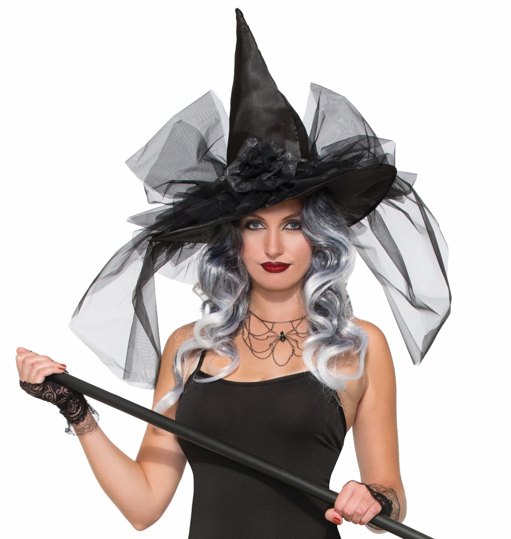 Womens Classic Black Witch Hat Veil Netting Adult Halloween Costume