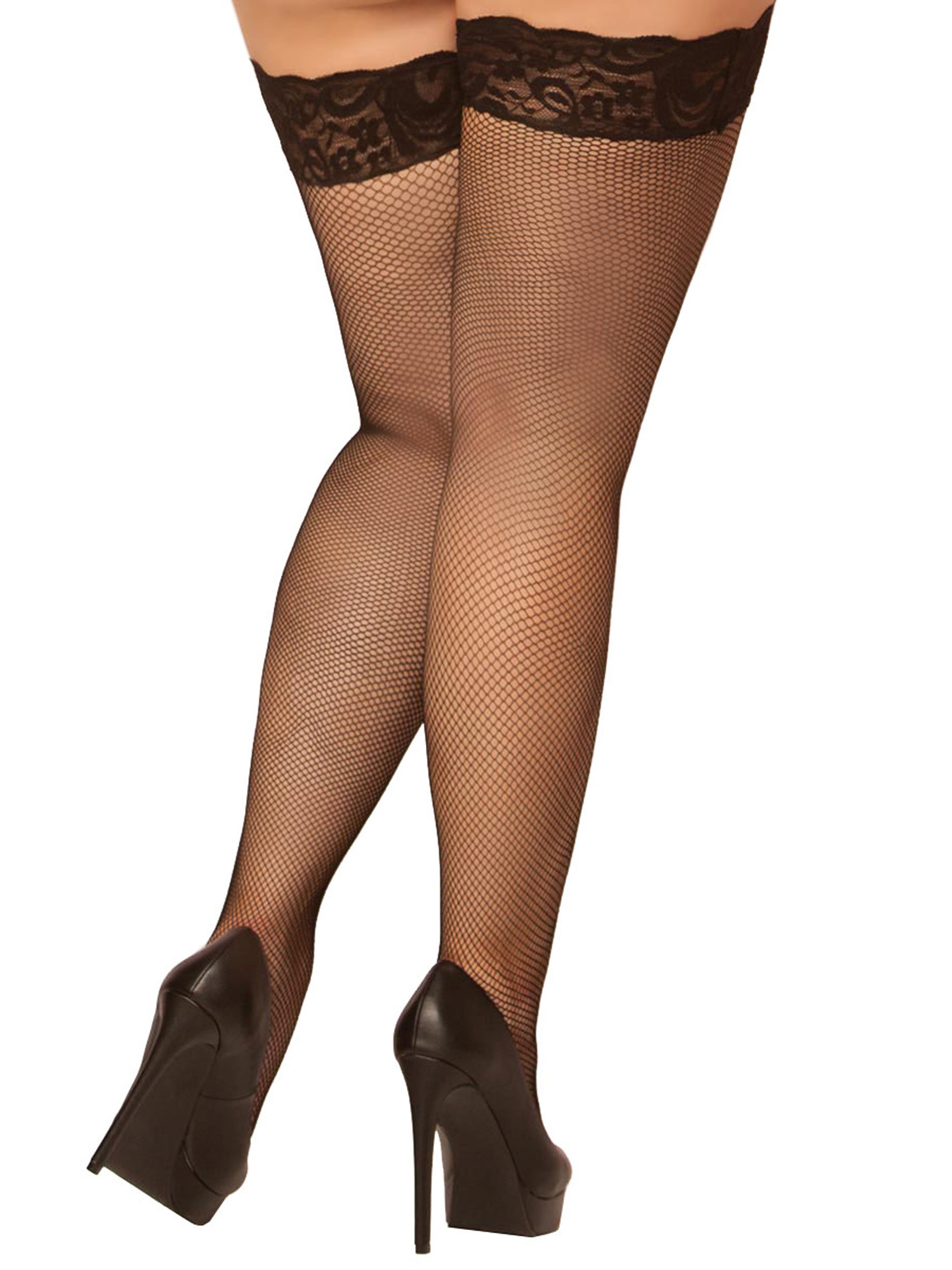 Plus Size Full Figure Lace Top Fishnet Thigh High Stockings Fits Size