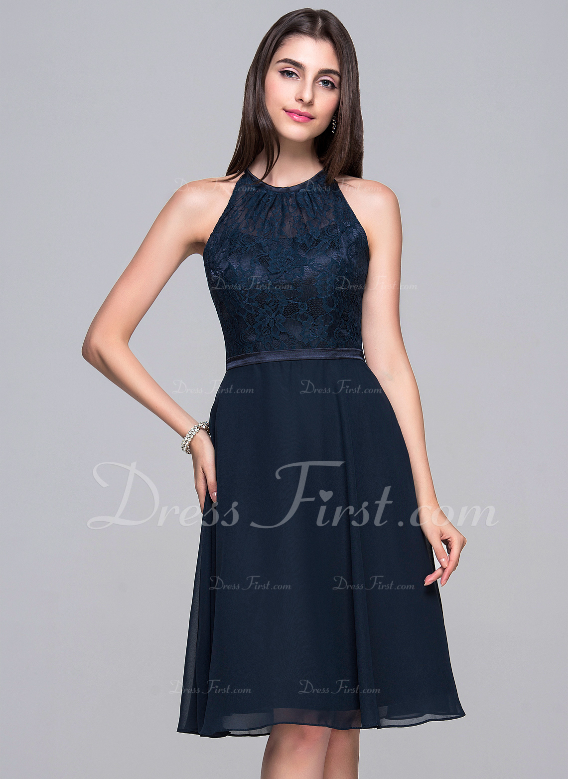 A Lineprincess Scoop Neck Knee Length Chiffon Lace Cocktail Dress With