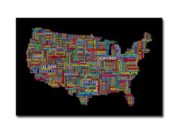 Us Cities Text Map Ii Canvas Art 2 Sizes