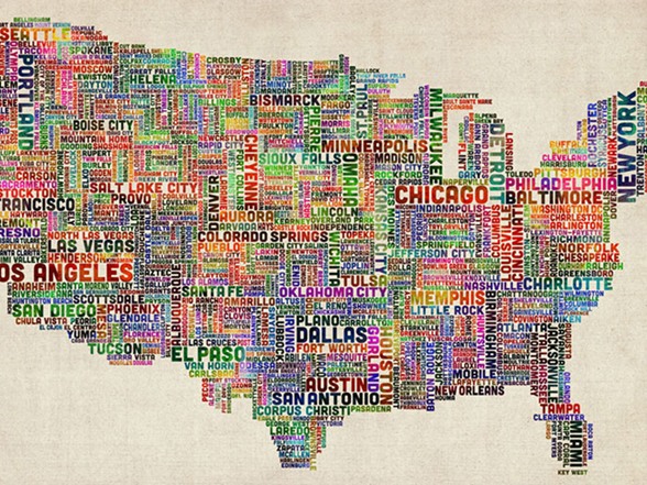 Us Cities Text Map Vi 18x24 Canvas