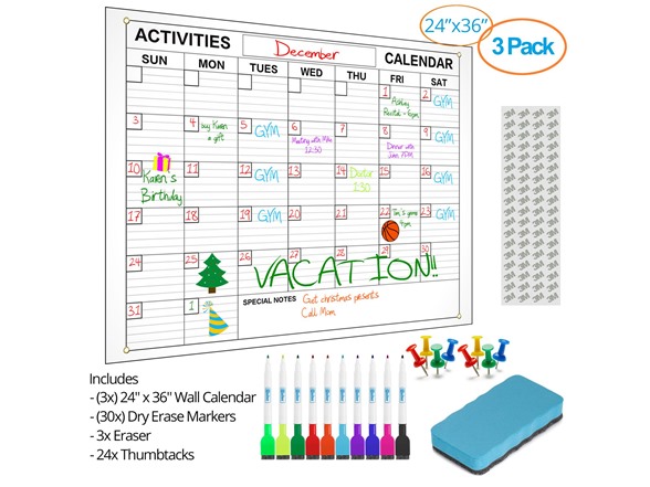 24x36in Dry Erase Wall Calendar 3 Pack