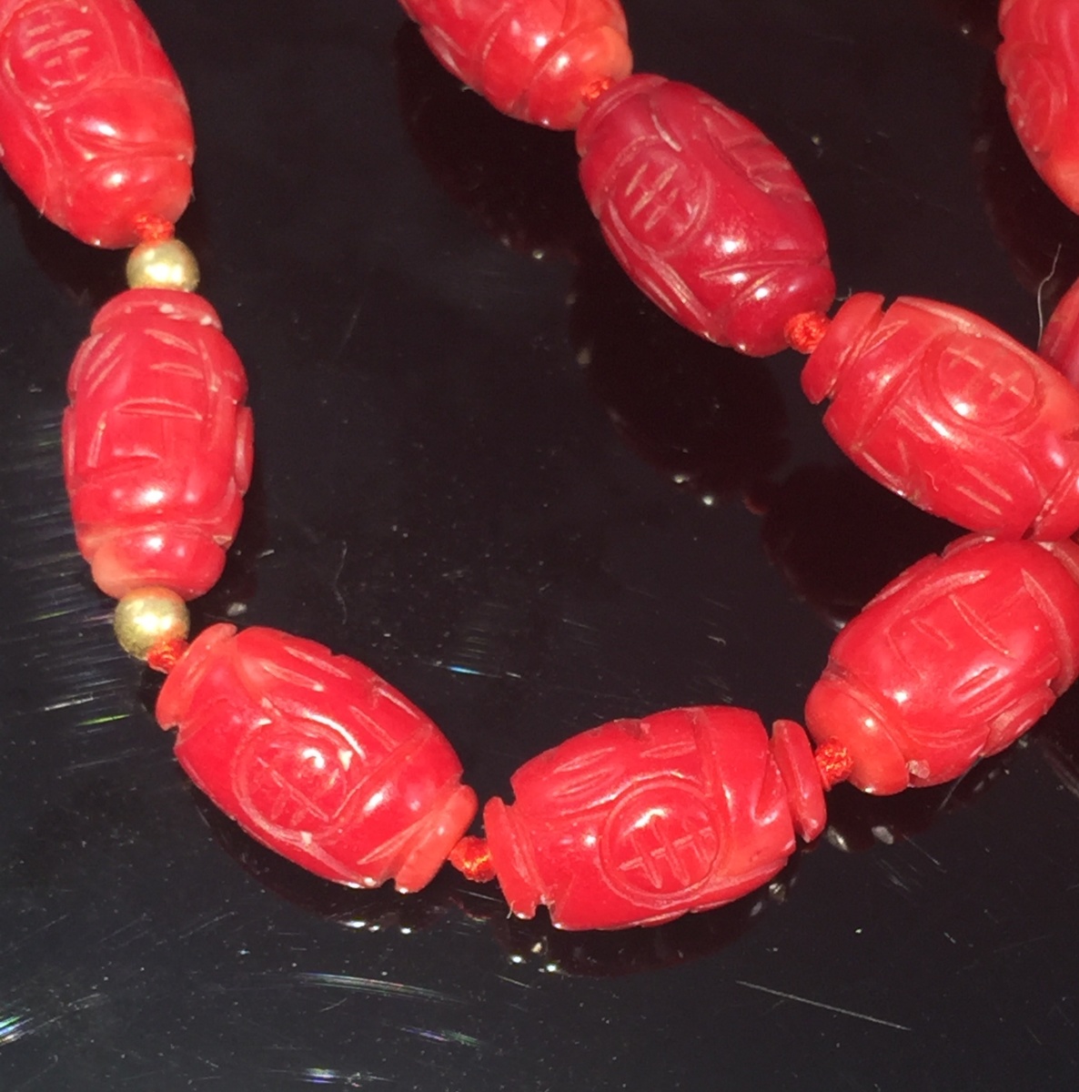 Antique Chinese Carved Natural Red Coral Bead 14k Necklace Collectors