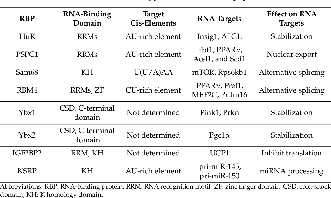 Table 1 From Rna Binding Proteins In The Regulation Of Adipogenesis And