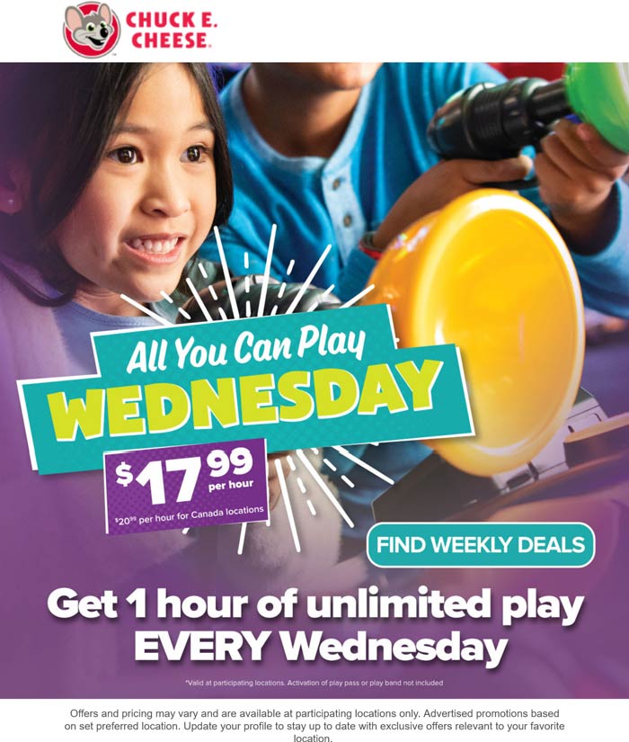 All You Can Play Hr Today At Chuck E Cheese Pizza Chuckecheese The