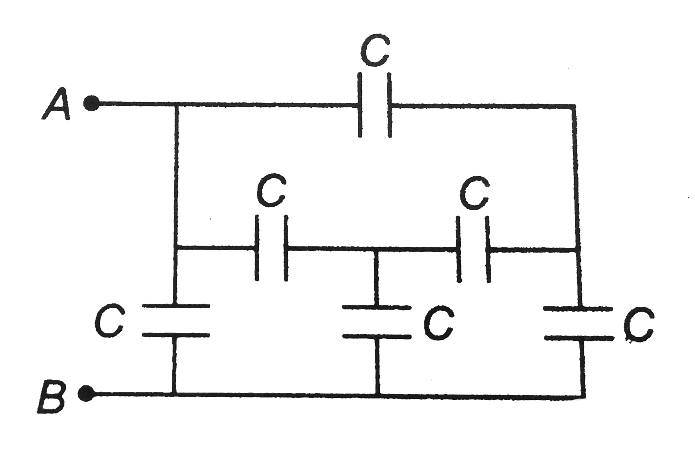 Six Equal Capacitors Each Of Capacitance C Are Connected As Shown In T