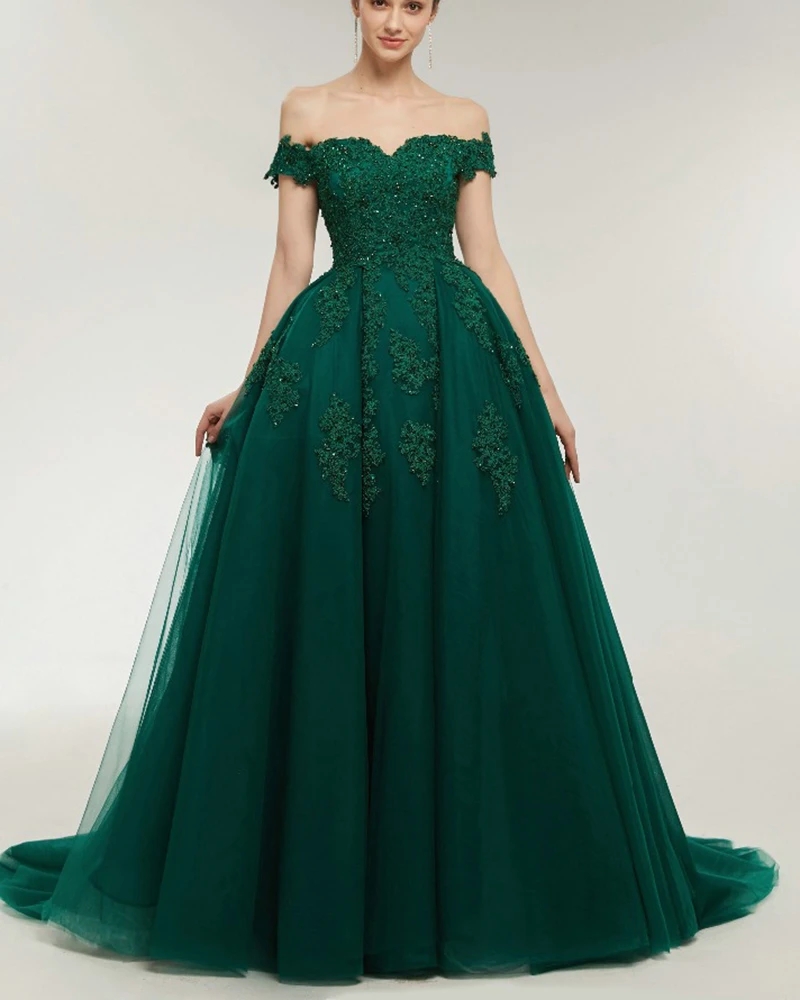 Lace Dark Green Ball Gown Prom Dresses Off The Shoulder Formal Gowns On