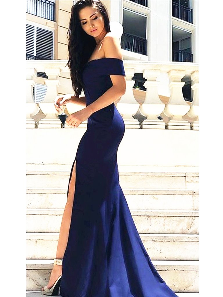 Custom Made Off Shoulder Navy Blue Prom Dress With Slit Navy Blue