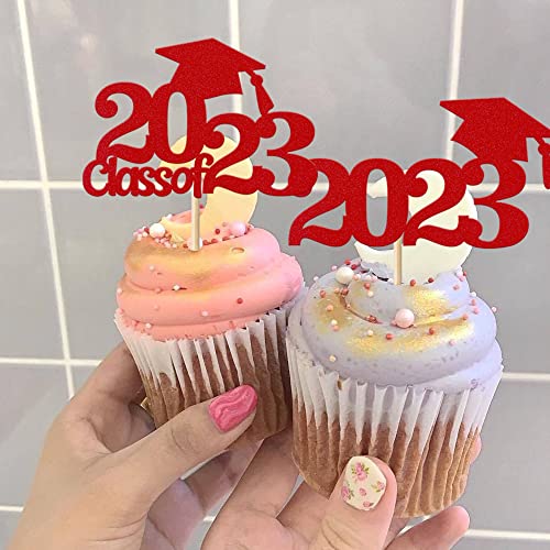 Rsstarxi 24 Pack Red Glitter 2023 Graduation Cap Cupcake Toppers Class