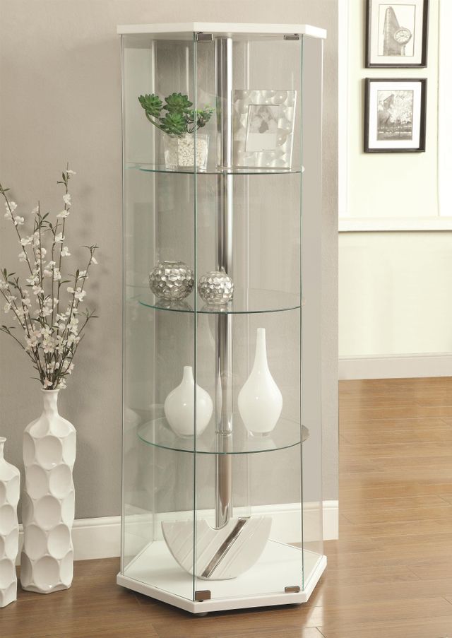 Coaster® White And Clear 4 Shelf Hexagon Shaped Curio Cabinet Dennos