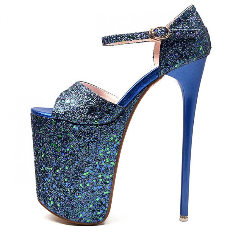 Blue Glitter Bling Bling Platforms Stiletto Super High Heels Shoes