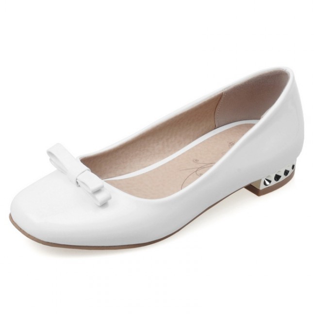 White Bow Patent Leather Blunt Head Silver Heels Ballerina Ballet Flats