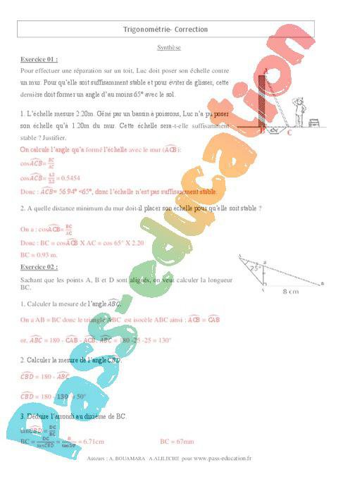 Trigonométrie Synthèse 3ème Exercices Brevet Des Collèges Par