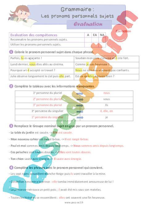 Les Pronoms Personnels Sujets Évaluation Grammaire Pour Le Ce2 Pdf