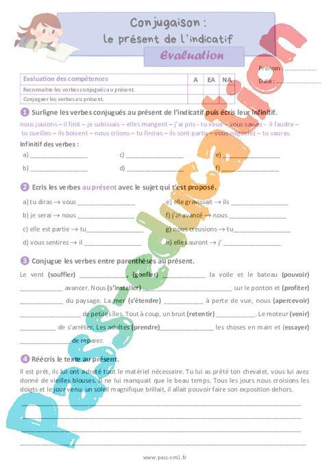 Le Présent De Lindicatif Évaluation De Conjugaison Pour Le Cm1 Pdf