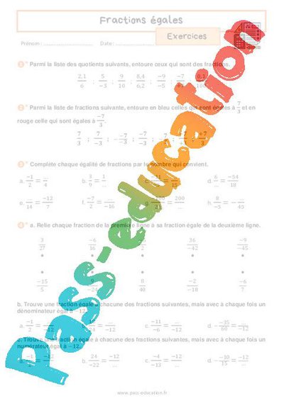 Fractions égales 4ème Exercices Avec Les Corrigés Pdf à Imprimer