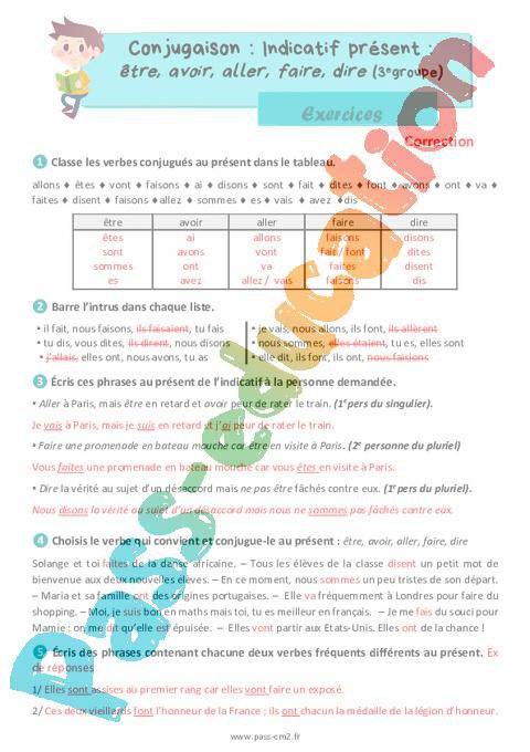 Indicatif Présent être Avoir Aller Faire Dire 3e Groupe