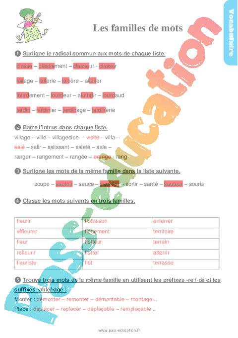 Les Familles De Mots Ce1 Étude De La Langue Exercices Avec Les