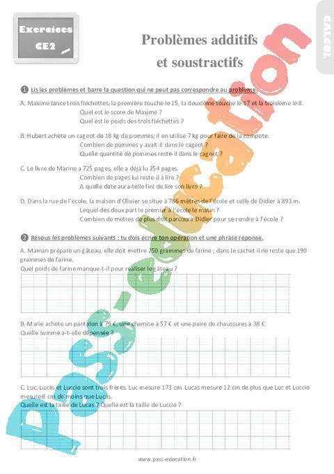 Problèmes Additifs Et Soustractifs Au Ce2 Exercices Pdf à Imprimer