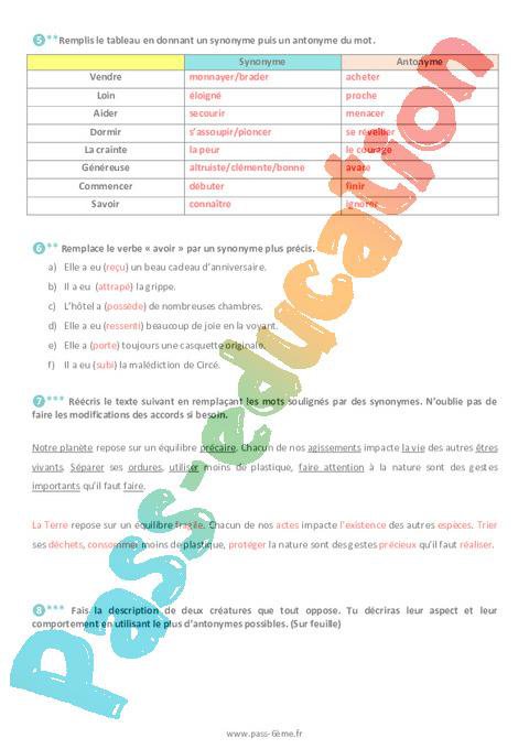 Les Synonymes Et Les Antonymes Exercices De Vocabulaire Pour La 6ème