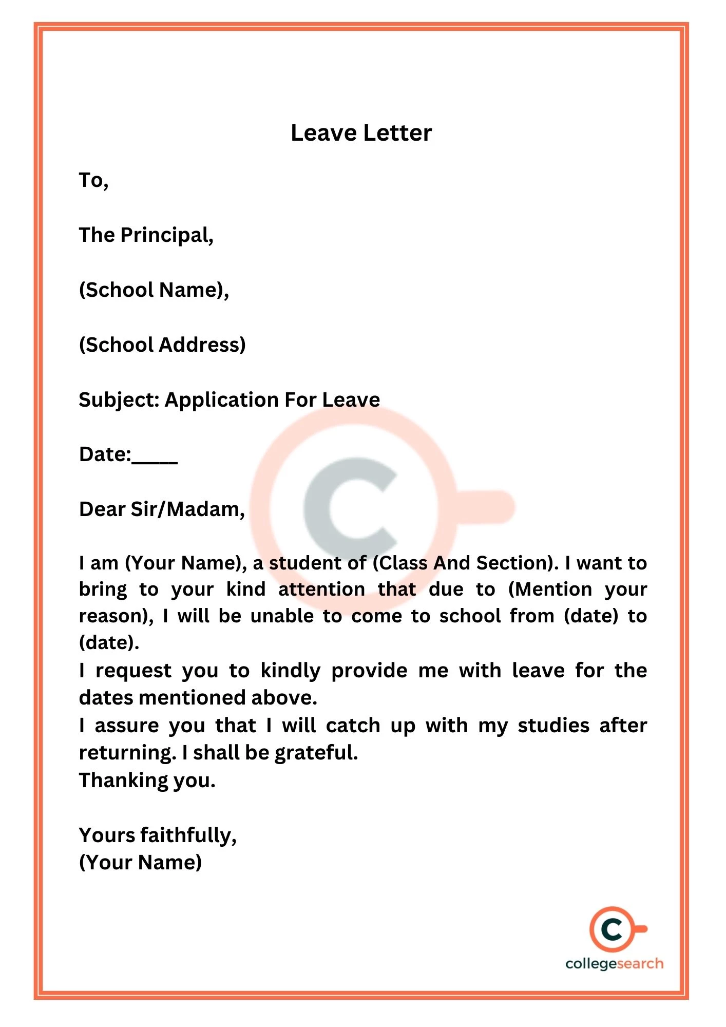 Leave Application For School Teacher To Principal For Personal Reason