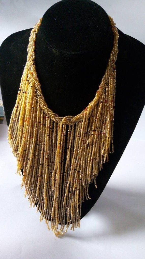 African Choker Necklace Beaded Fringe Necklace Gold And Black Necklac