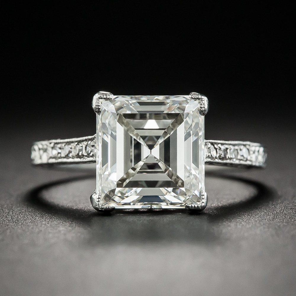 346 Carat Edwardian Carré Square Cut Diamond Platinum Ring Gia J Vvs2