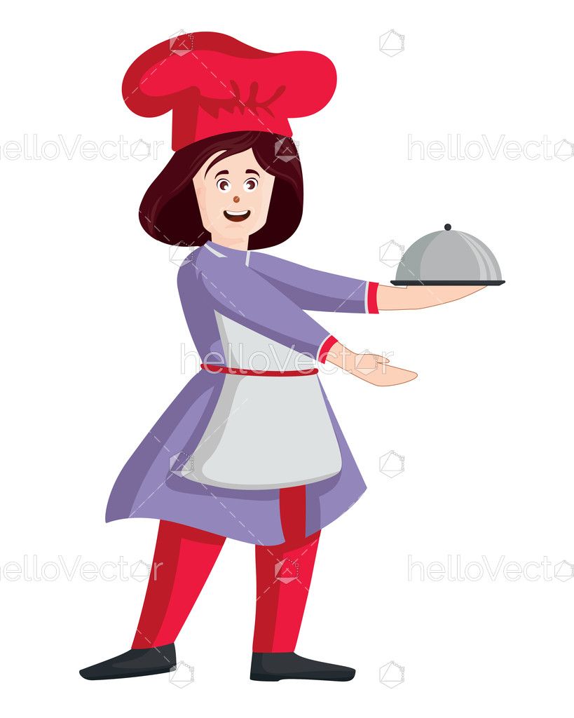 Female Chef Vector Woman Cook In Apron Standing With Tray Illustration