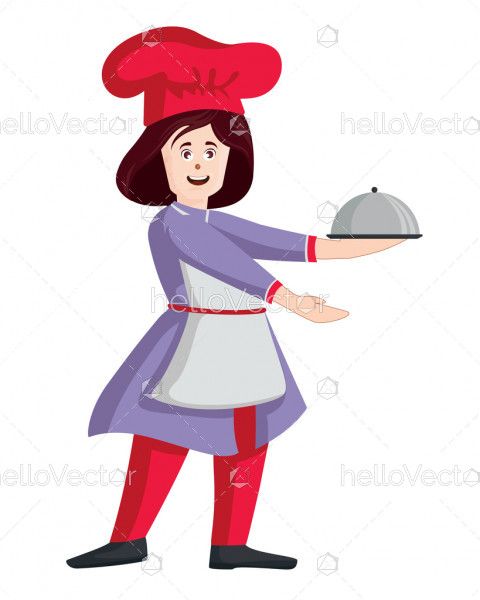 Female Chef Vector Woman Cook In Apron Standing With Tray Illustration