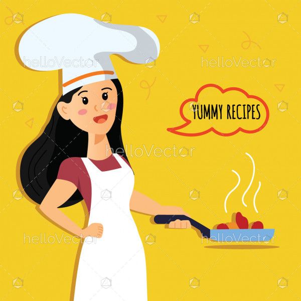 Female Cook In Apron Standing With Frying Pan Download Graphics And Vectors