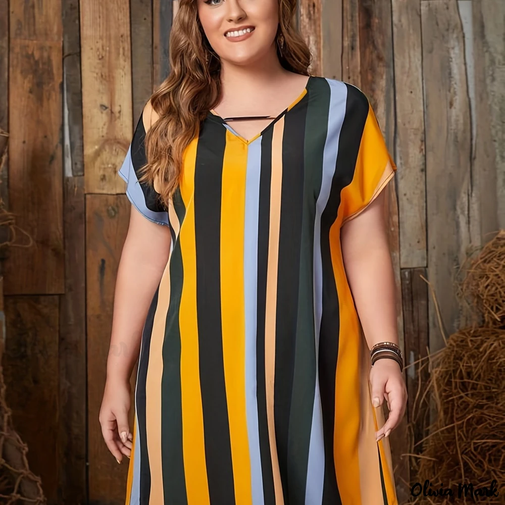 Olivia Mark Womens Plus Size Casual Dress Colorblock Stripe Print