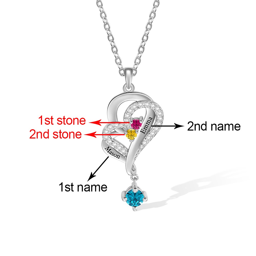 Double Love Heart Necklace With Custom 1 8 Birthstones And Names