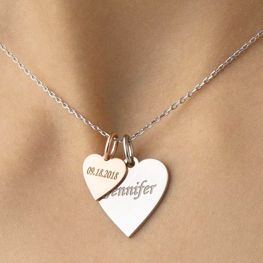 Custom Heart Name Necklace Engraved Necklace With Name Double Heart