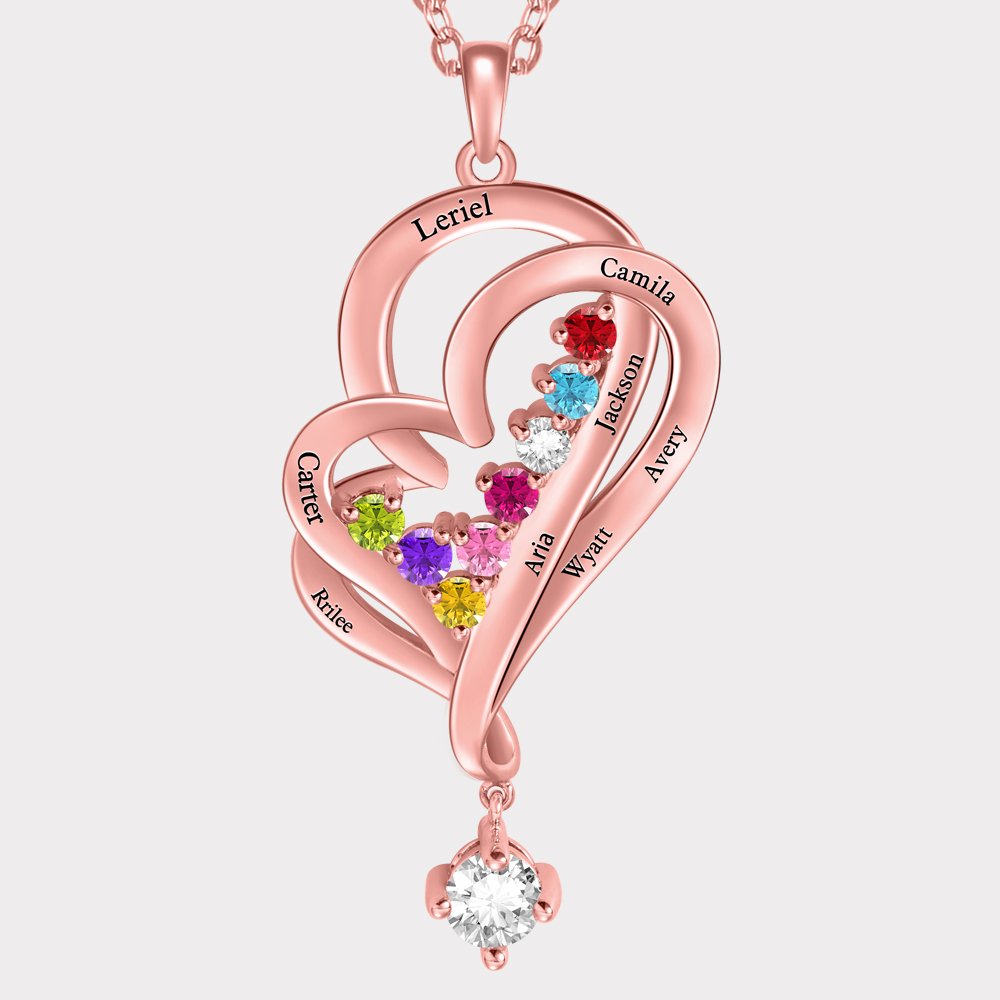 Double Love Heart Necklace With Custom 1 8 Birthstones And Names