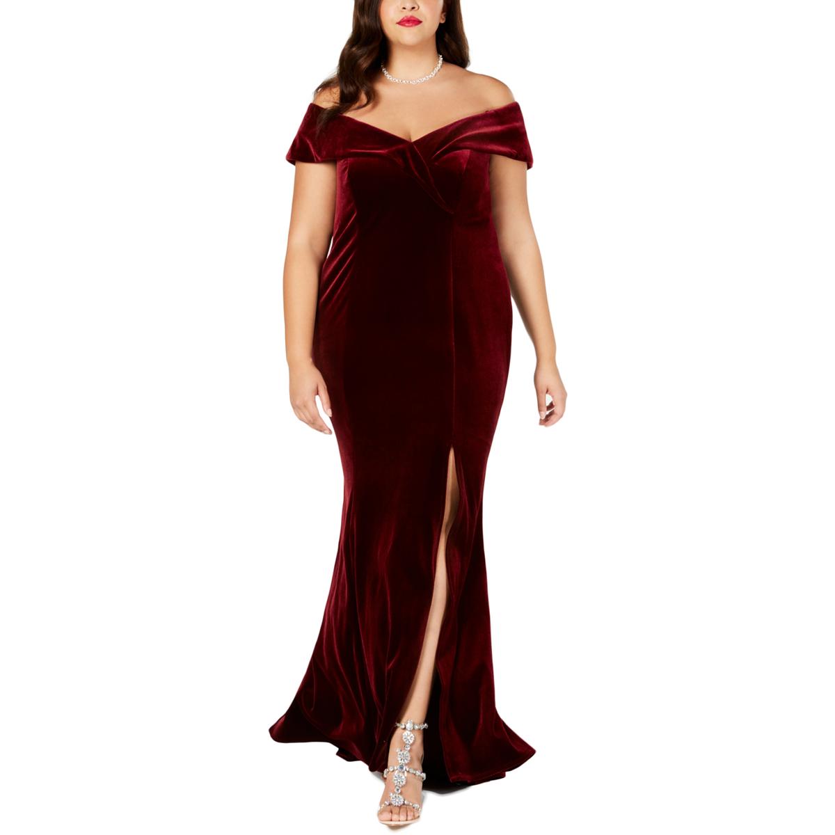 Xscape Womens Red Velvet Off The Shoulder Evening Dress Gown Plus 22w